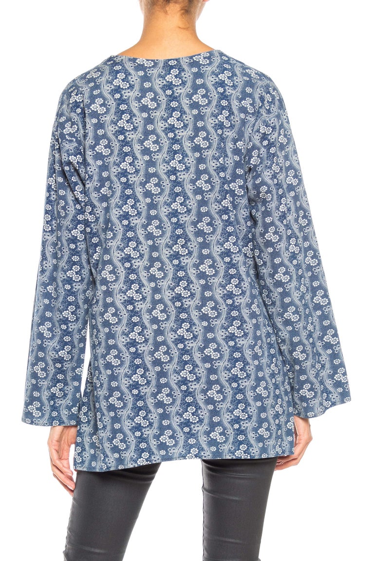 1920S Indigo Blue and White Organic Cotton Floral Print Tunic Top For ...