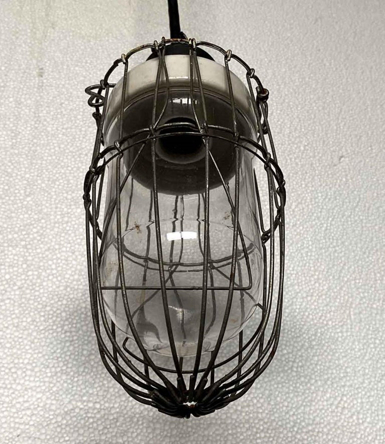1920s Industrial Cage Pendant Light with Porcelain Fixture and Steel ...