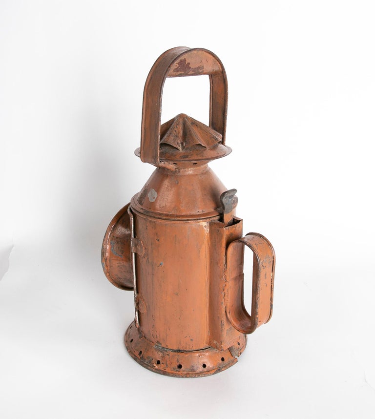 1920s Iron Hand Lantern with Glass Painted in Red Tone For Sale at 1stDibs