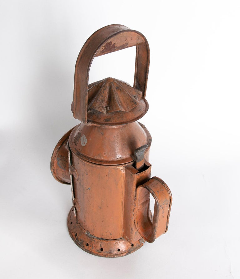 1920s Iron Hand Lantern with Glass Painted in Red Tone For Sale at 1stDibs