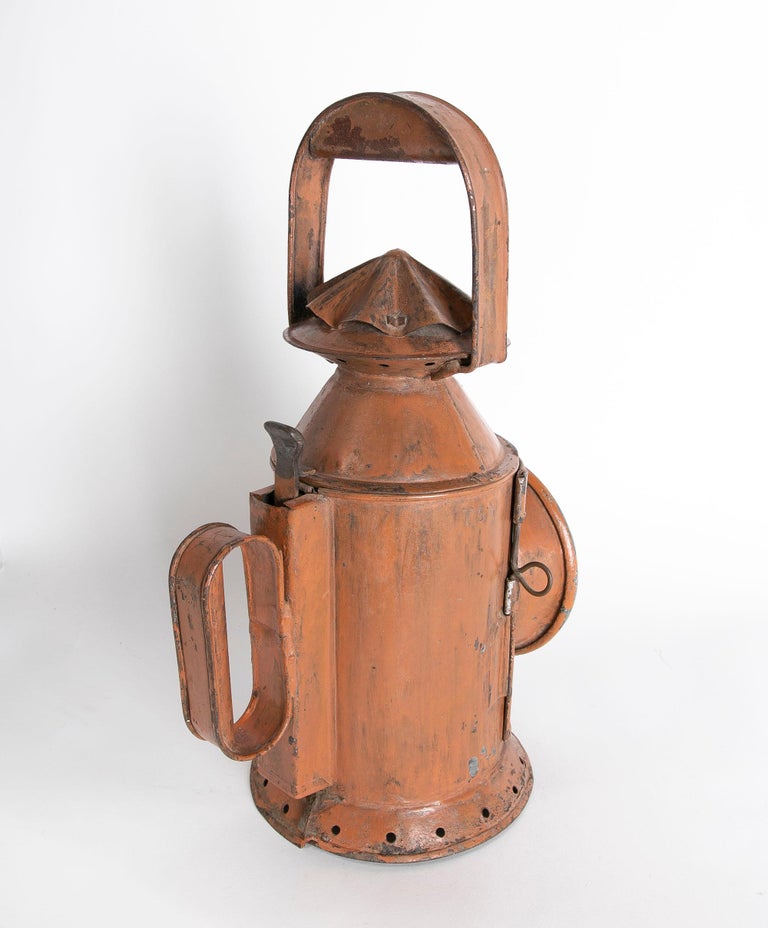 1920s Iron Hand Lantern with Glass Painted in Red Tone For Sale at 1stDibs