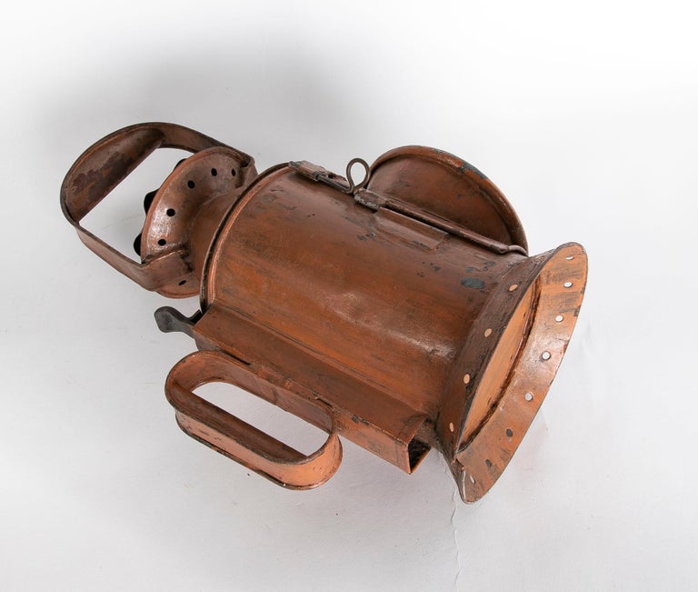 1920s Iron Hand Lantern with Glass Painted in Red Tone For Sale at 1stDibs