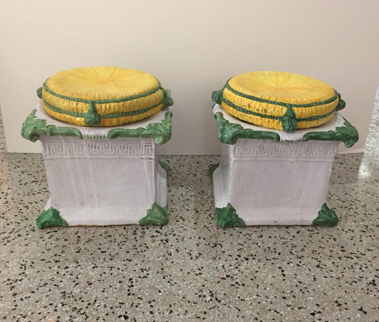 Pair of 1920s Italian Glazed Terracotta Garden Stools at 1stDibs