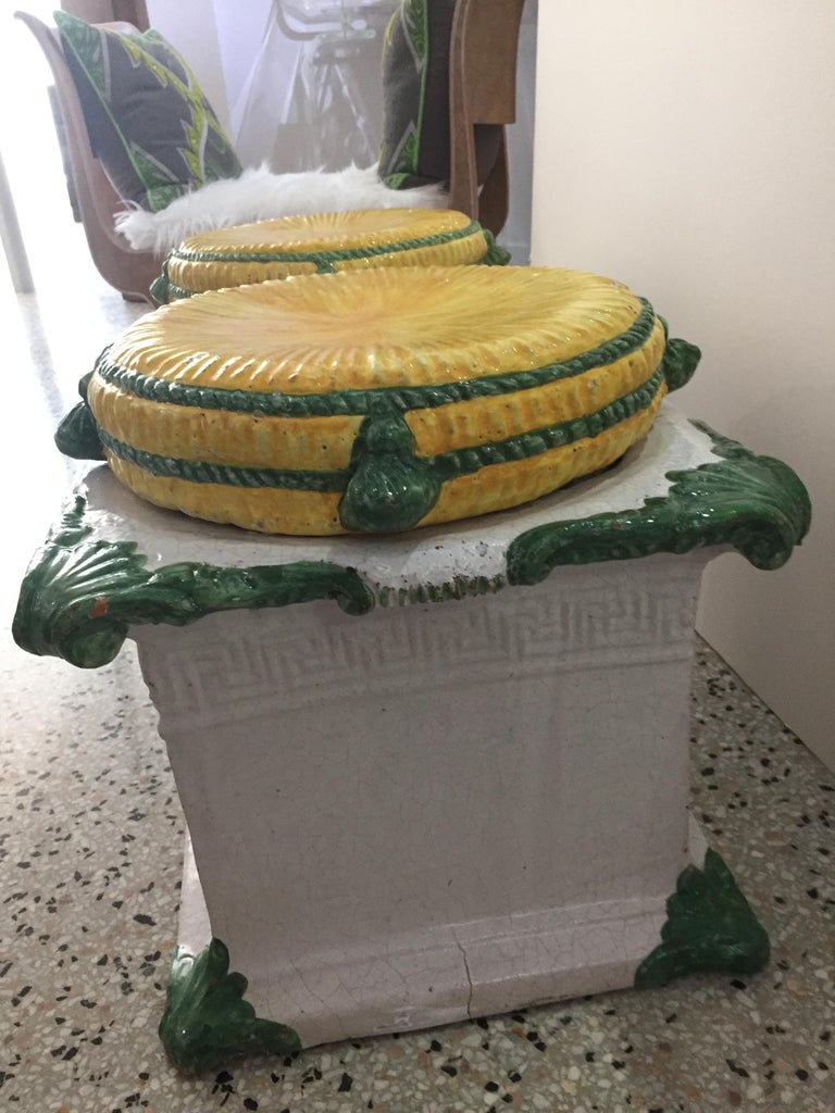 Pair of 1920s Italian Glazed Terracotta Garden Stools at 1stDibs