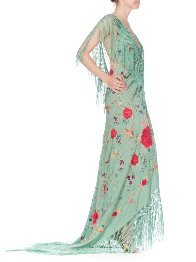 Morphew Collection Jade Piano Shawl Backless Dress with Fringe Train ...