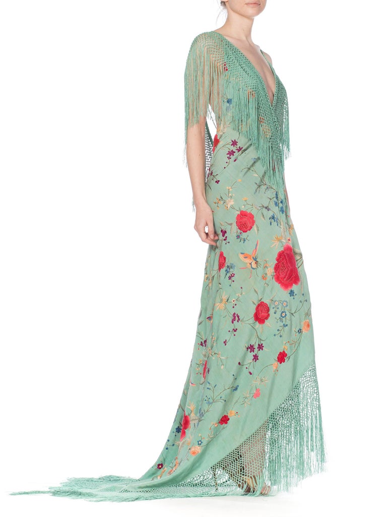 Morphew Collection Jade Piano Shawl Backless Dress with Fringe Train ...