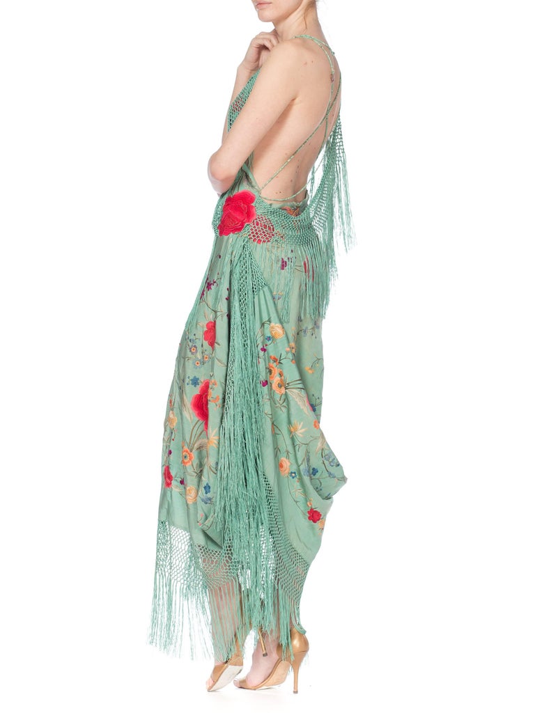Morphew Collection Jade Piano Shawl Backless Dress with Fringe Train ...