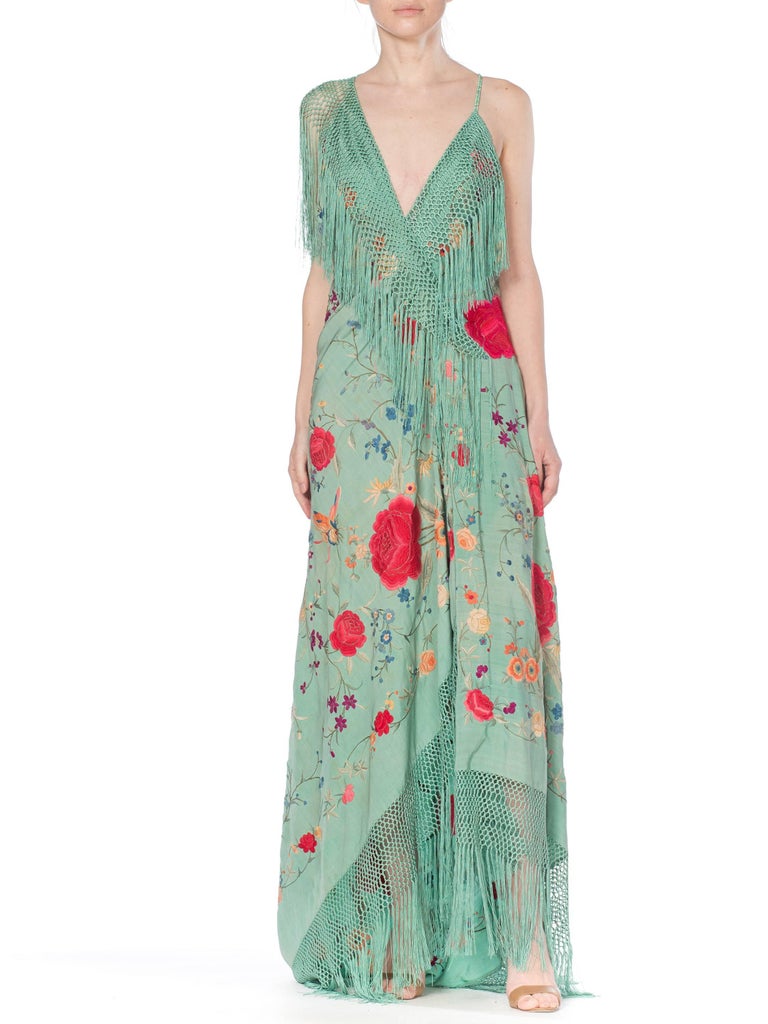 Morphew Collection Jade Piano Shawl Backless Dress with Fringe Train ...