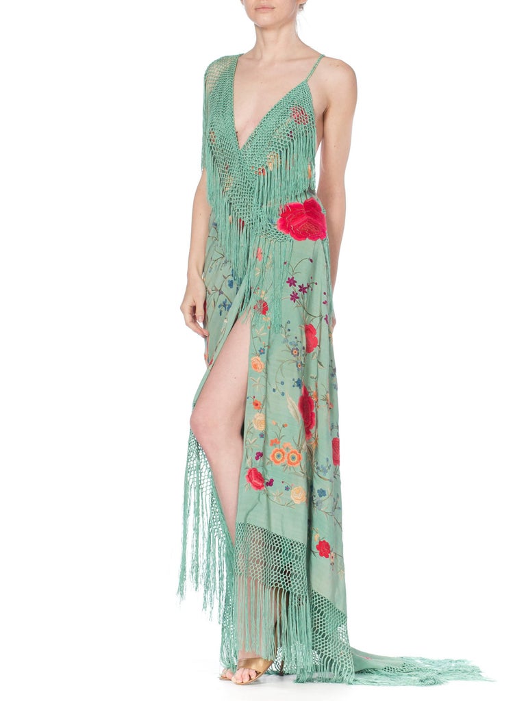 Morphew Collection Jade Piano Shawl Backless Dress with Fringe Train ...