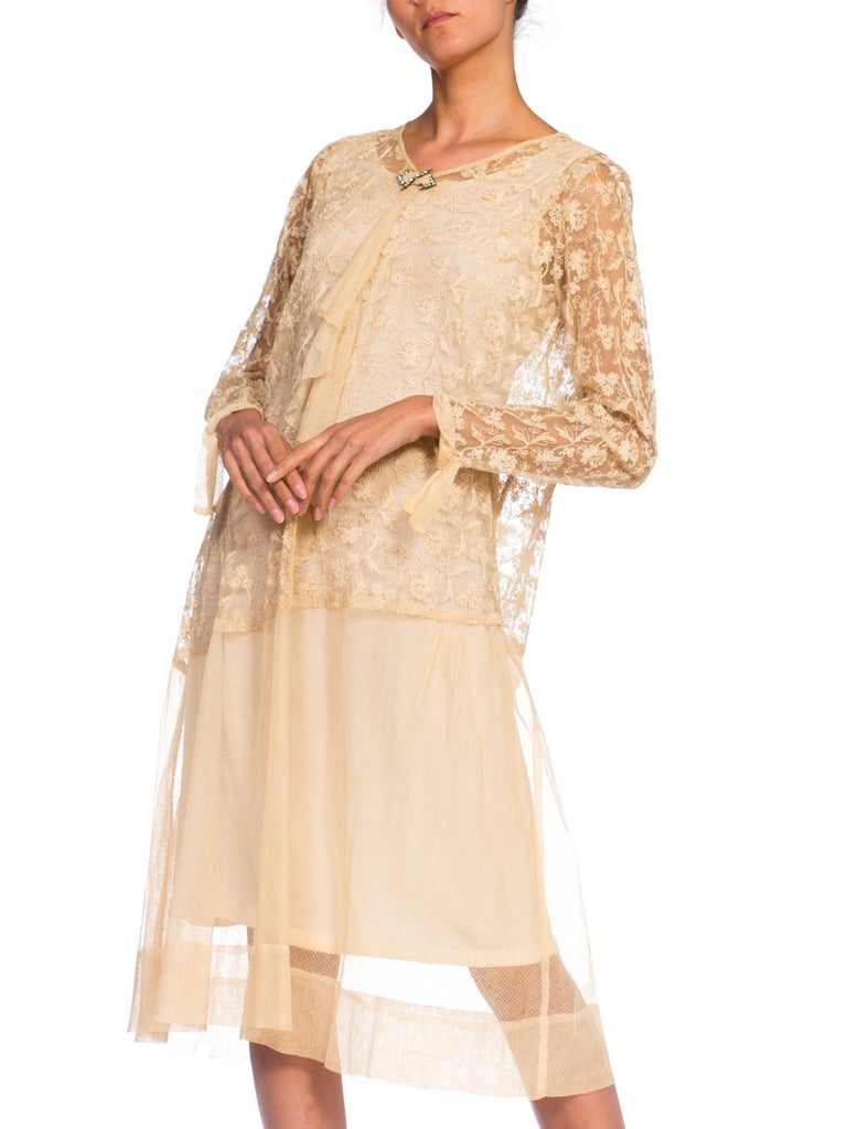 1920S Beige Cotton Embroidered Tulle and Lace Flapper Era Tea Dress ...