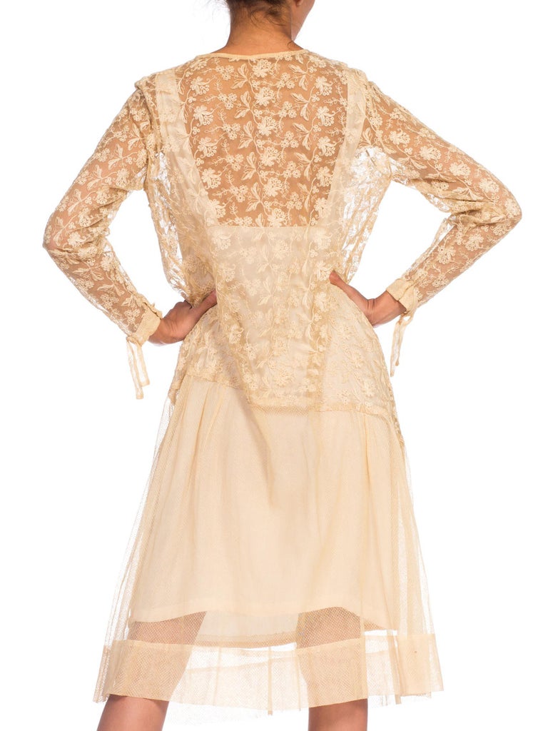 1920S Beige Cotton Embroidered Tulle and Lace Flapper Era Tea Dress ...