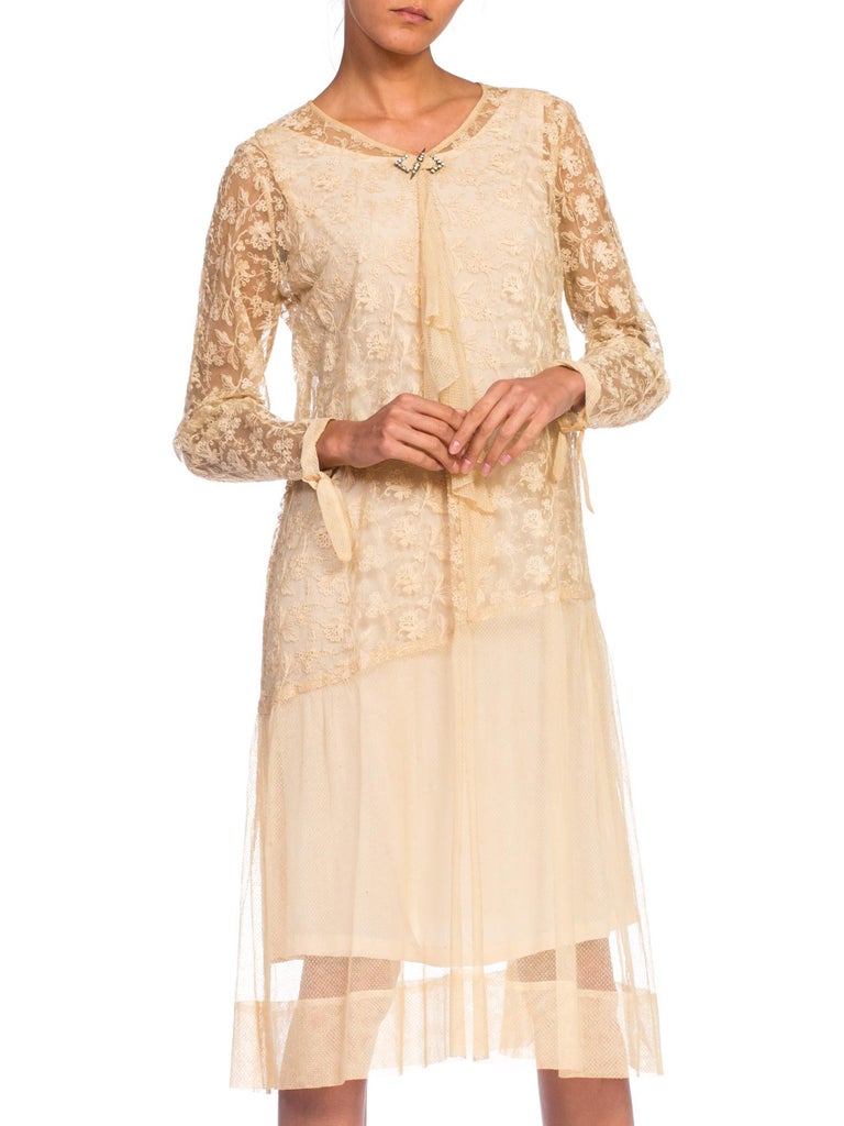 1920S Beige Cotton Embroidered Tulle and Lace Flapper Era Tea Dress ...