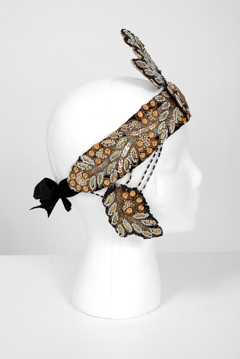 1920's Metallic-Gold Leaf Motif Beaded Sequin Flapper Fringe Crown ...