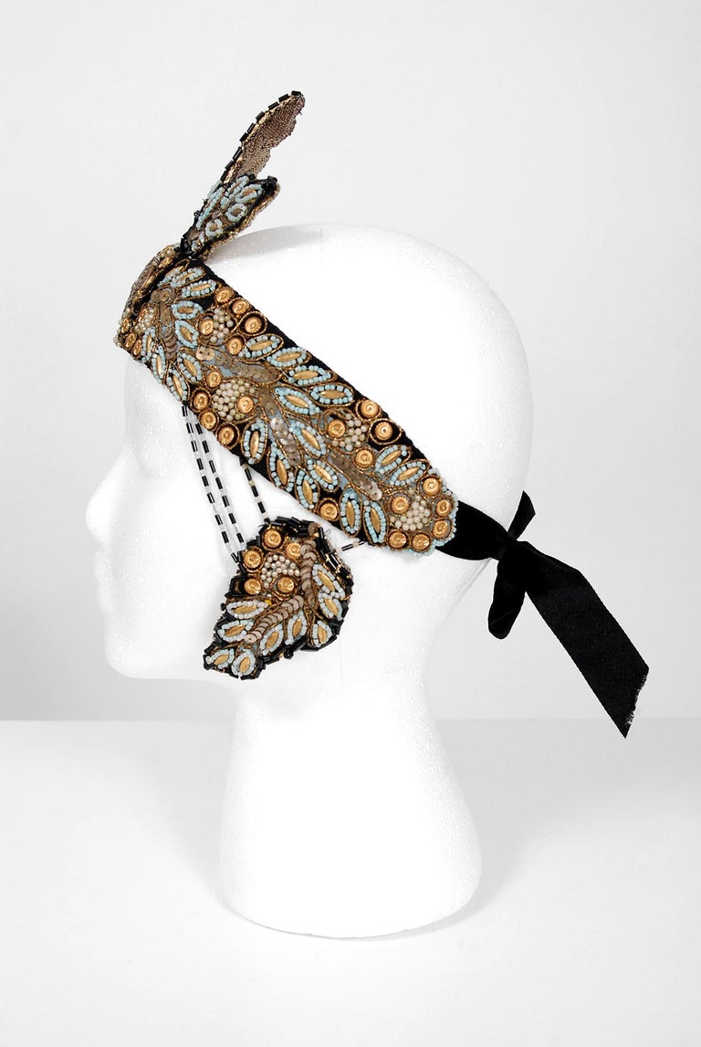 1920's Metallic-Gold Leaf Motif Beaded Sequin Flapper Fringe Crown ...
