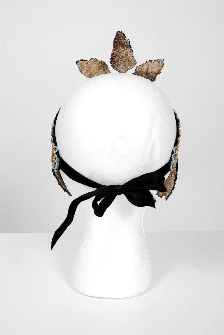 1920's Metallic-Gold Leaf Motif Beaded Sequin Flapper Fringe Crown ...