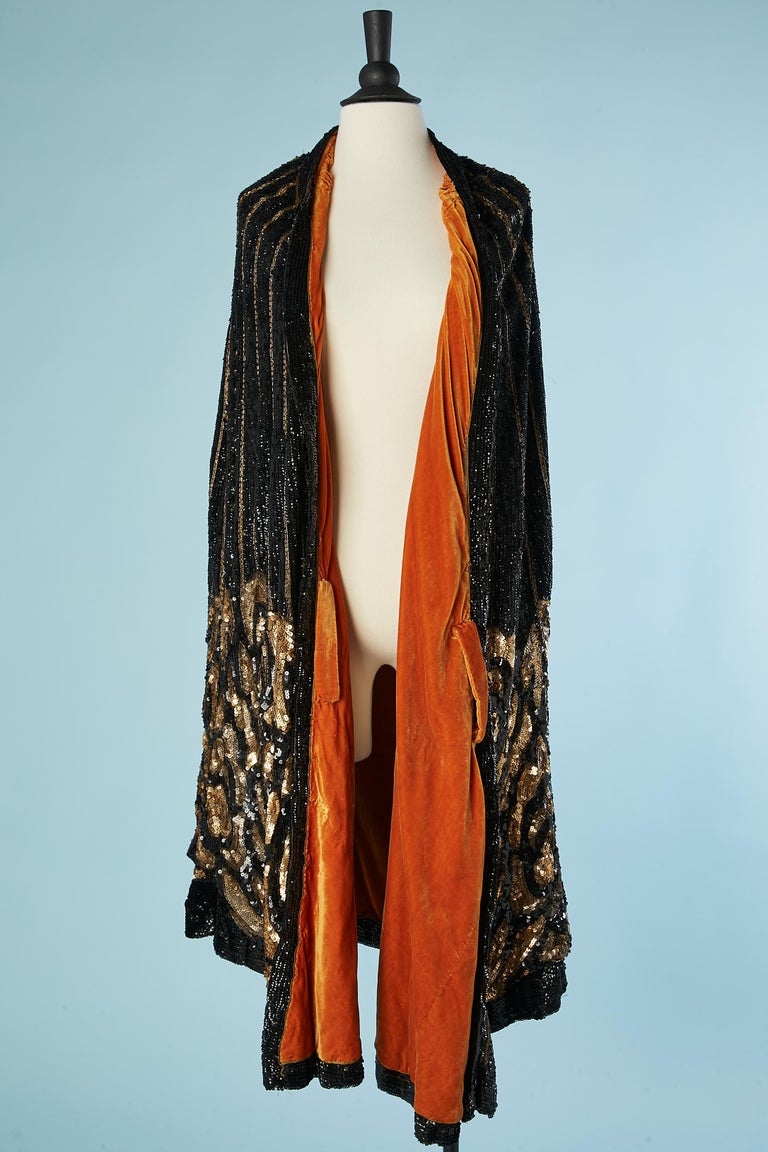 1920's Opera cape in gold and black sequins with silk velvet orange ...