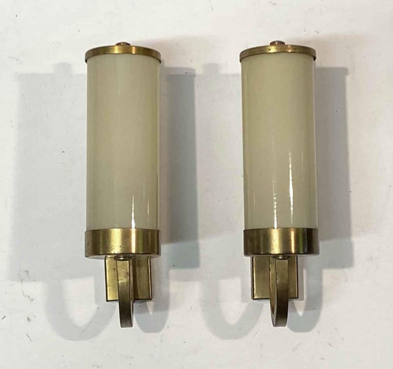 1920s Pair of Art Deco Brushed Brass Over Steel and Glass Cylinder ...
