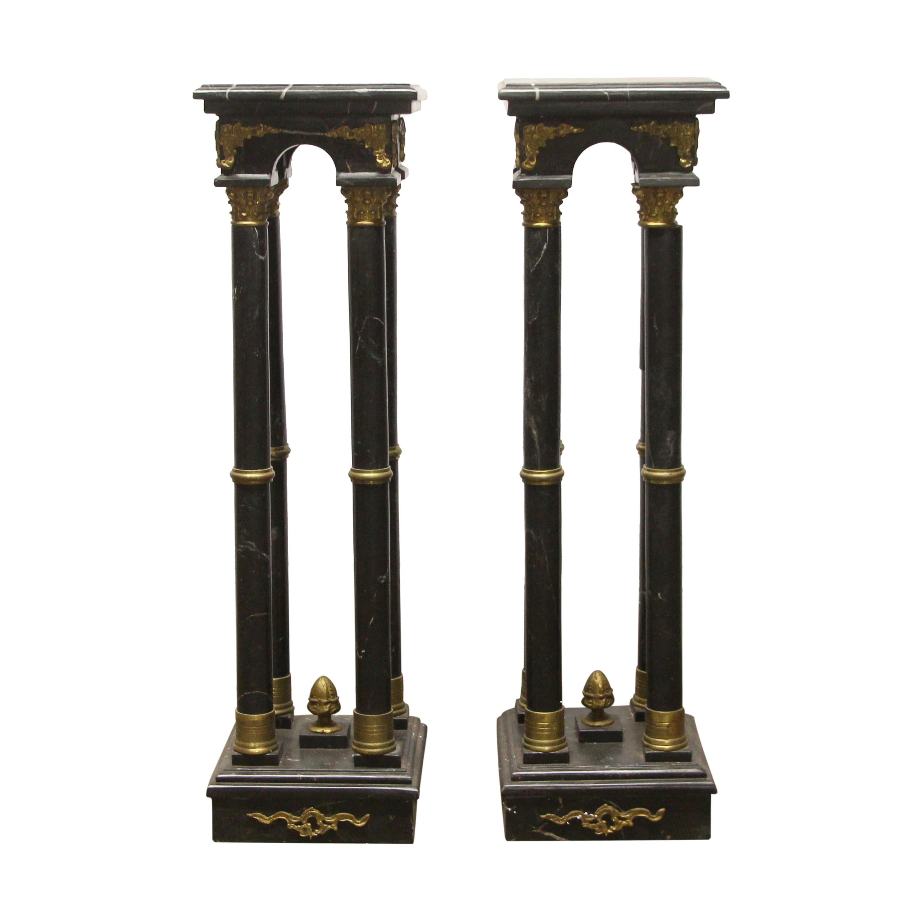 1920s Pair of Black Marble and Brass Column Pedestals with White ...