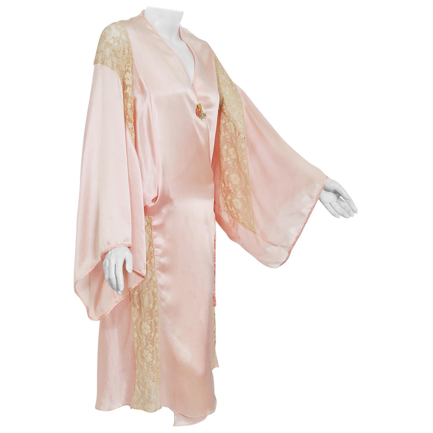 1920's Pale-Pink Silk and Ivory Embroidered Lace Angel Sleeve Lingerie ...