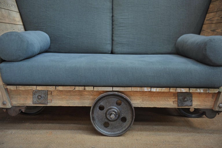 1920s Pine and Metal Wheels Trolley in Reupholstered in Sofa at 1stDibs