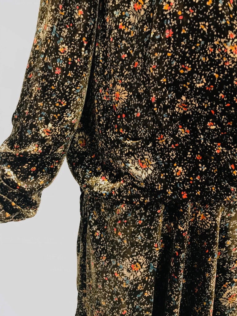 1920s Printed Silk Velvet Long Sleeve Drop Waist Flapper Dress For Sale ...