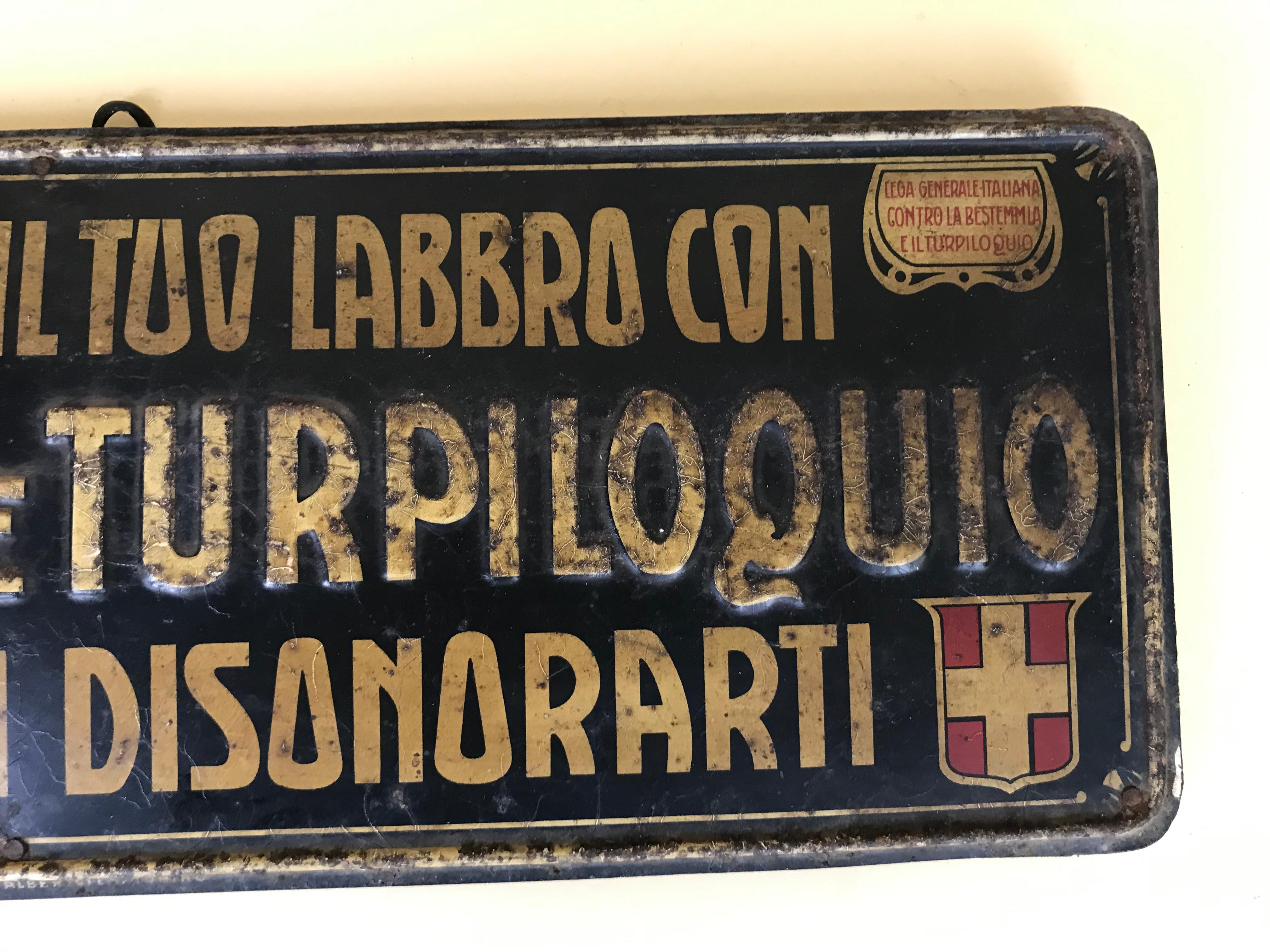 1920s Remarkable Vintage Italian Moral Sign in Tin on a Wooden Board ...