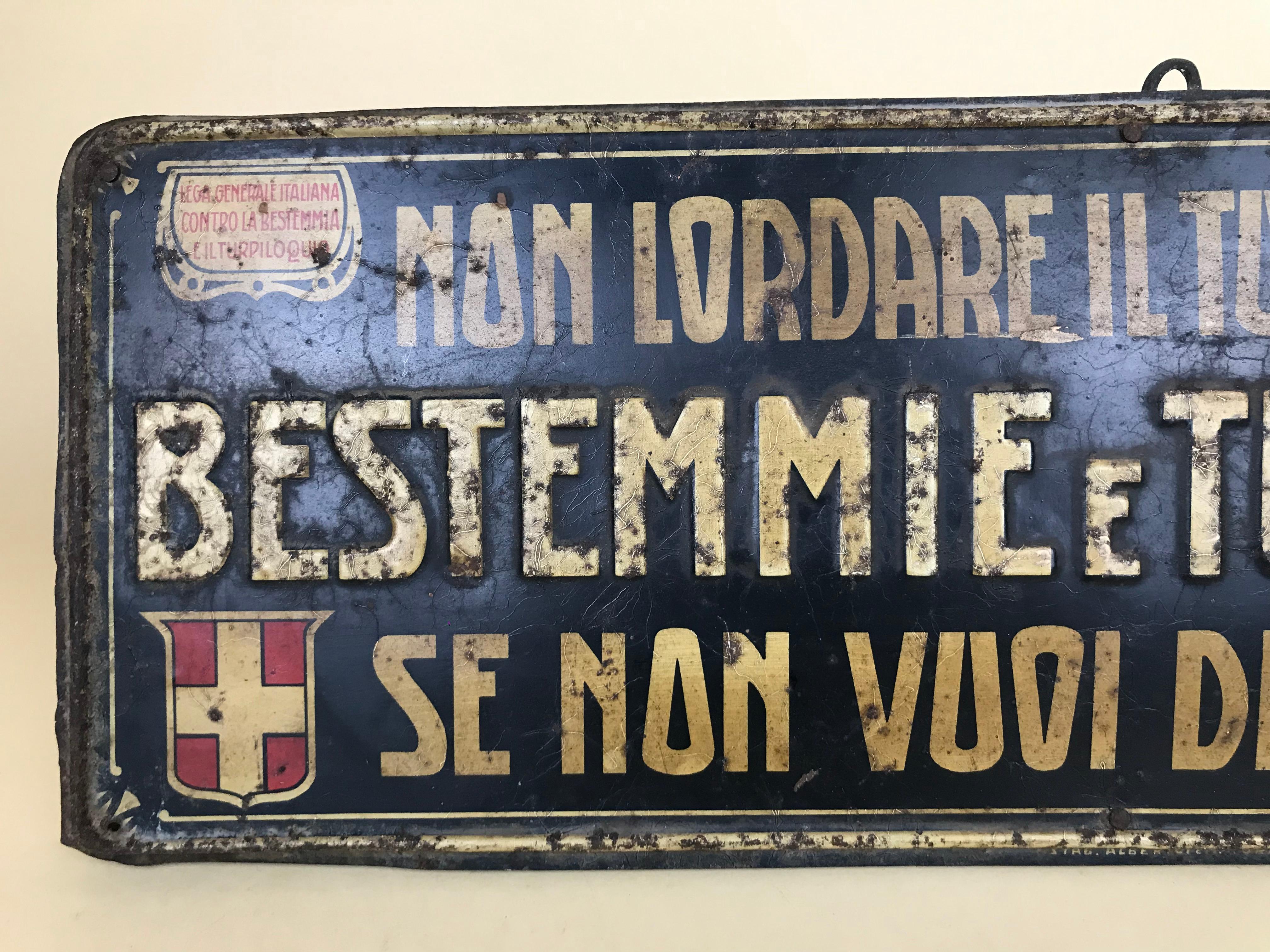 1920s Remarkable Vintage Italian Moral Sign in Tin on a Wooden Board ...