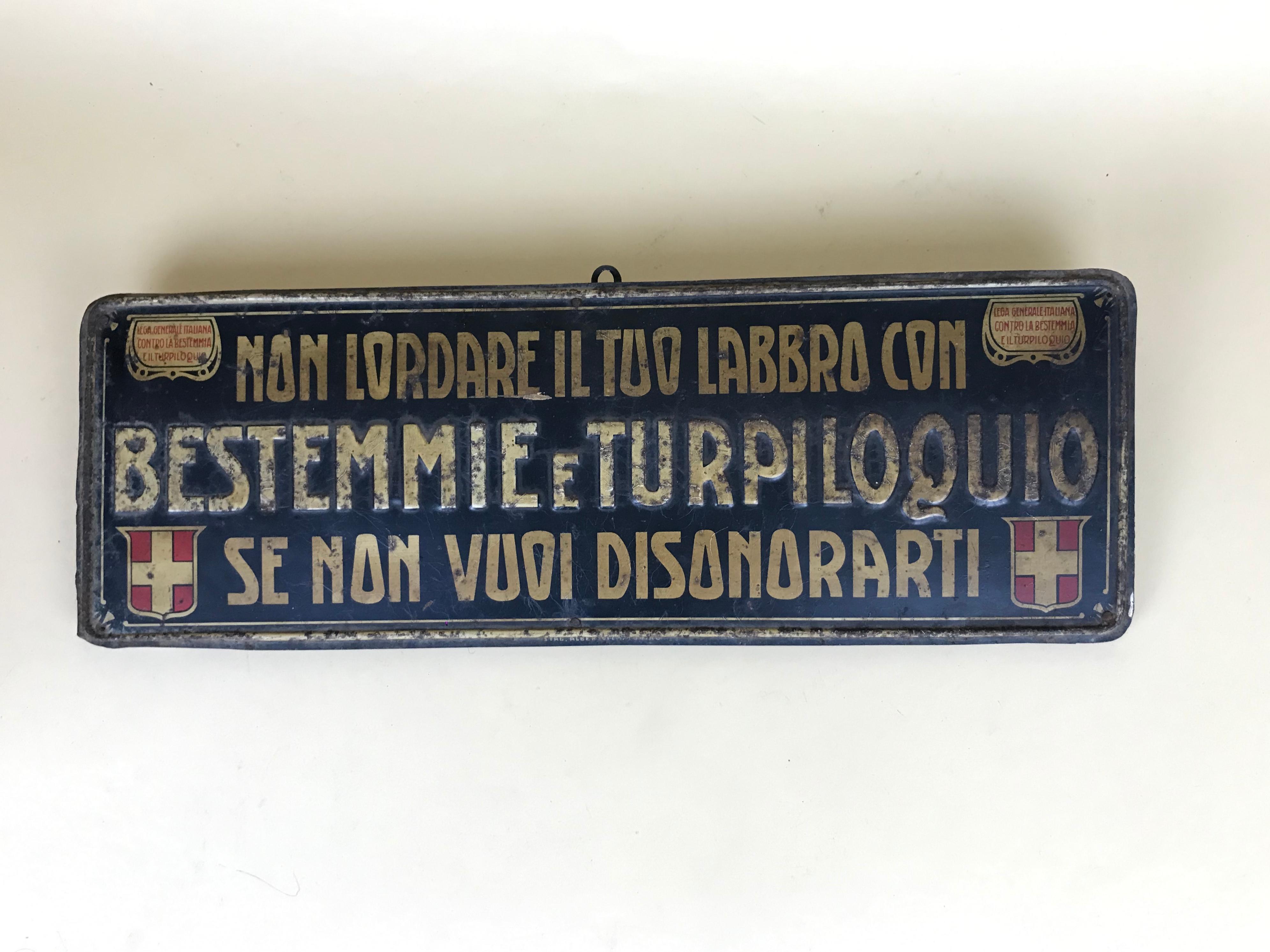 1920s Remarkable Vintage Italian Moral Sign in Tin on a Wooden Board ...
