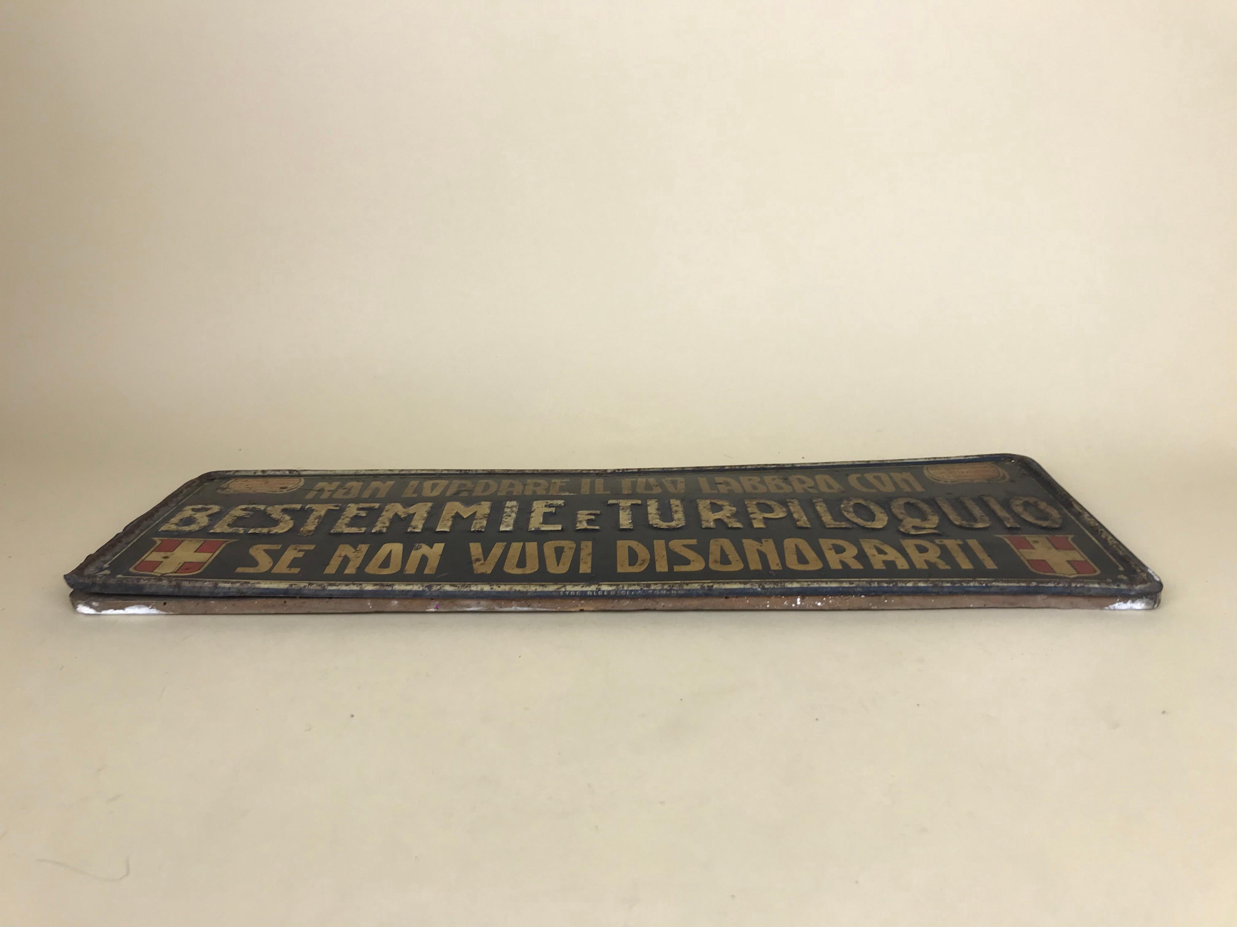 1920s Remarkable Vintage Italian Moral Sign in Tin on a Wooden Board ...