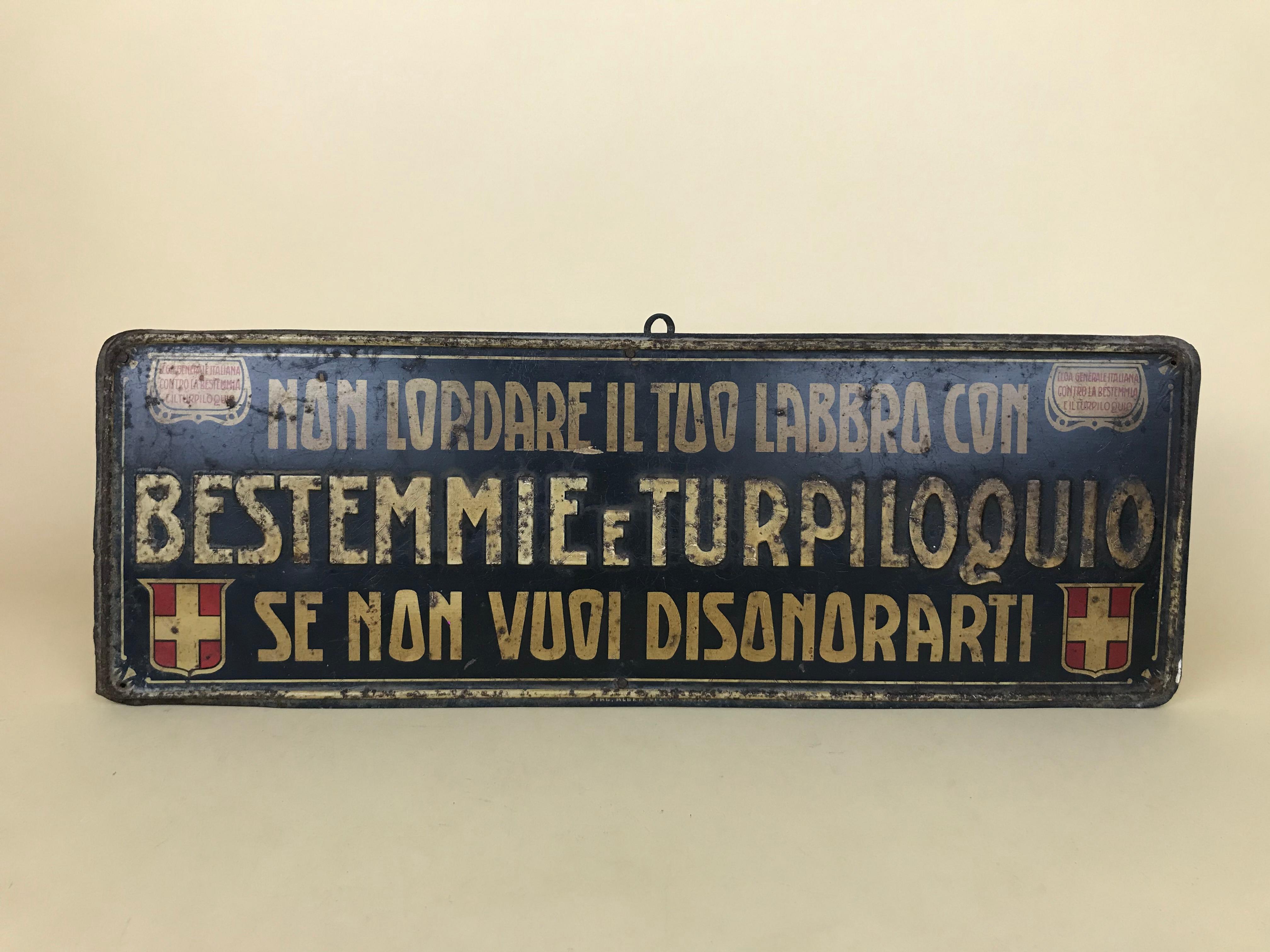 1920s Remarkable Vintage Italian Moral Sign in Tin on a Wooden Board ...