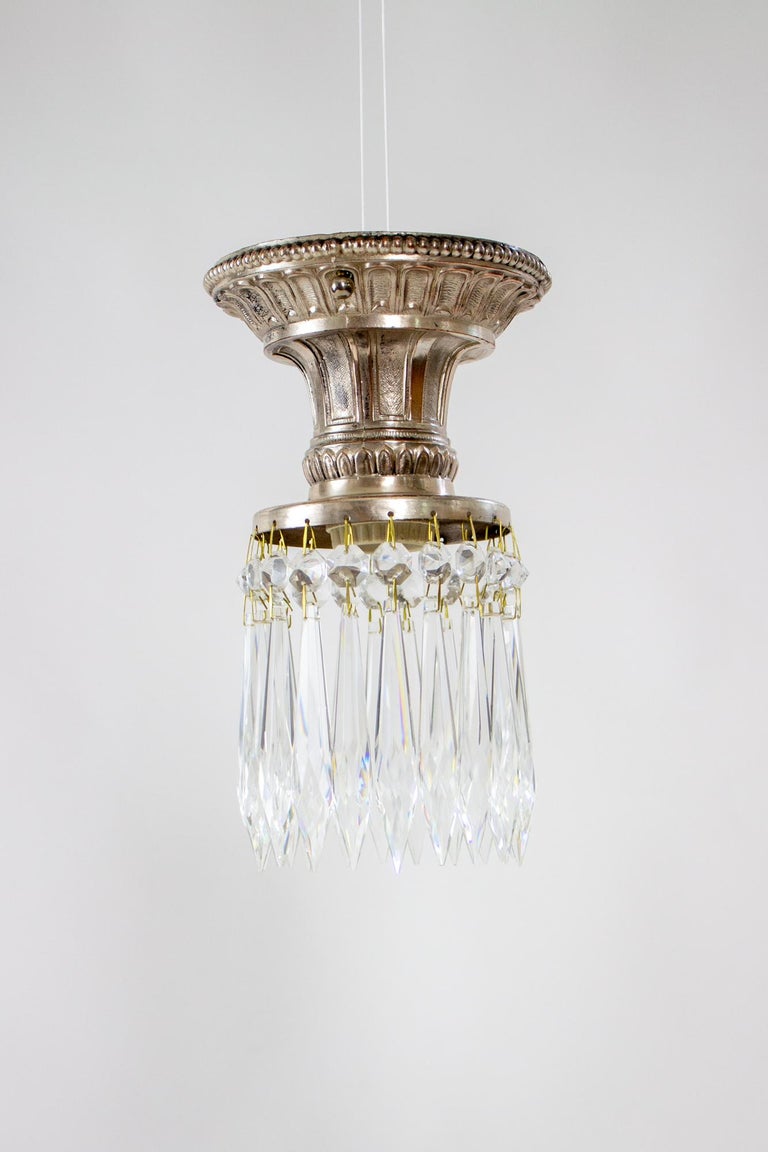 1920's Revival Silver and Crystal Flush Mount Fixture For Sale at 1stDibs