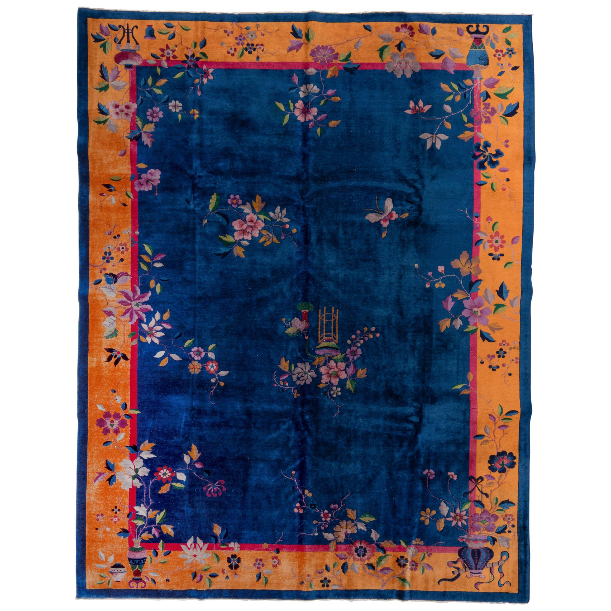 Rare Distressed Ningxia Chinese Silk Rug, Royal Blue and Pink Tones For ...