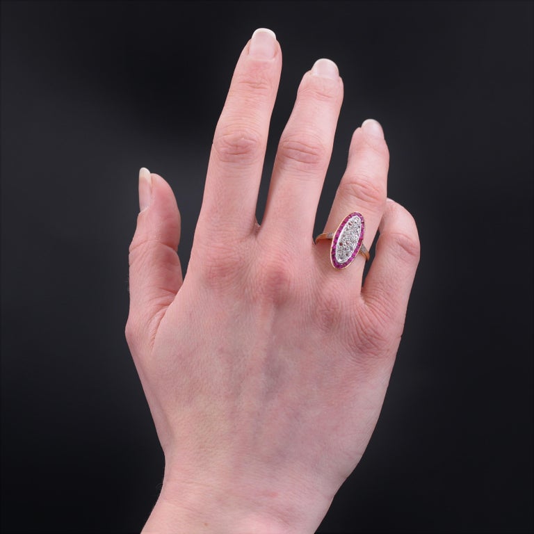 1920s Ruby Diamonds 18 Karat Yellow Gold Platinum Shuttle Shape Ring ...