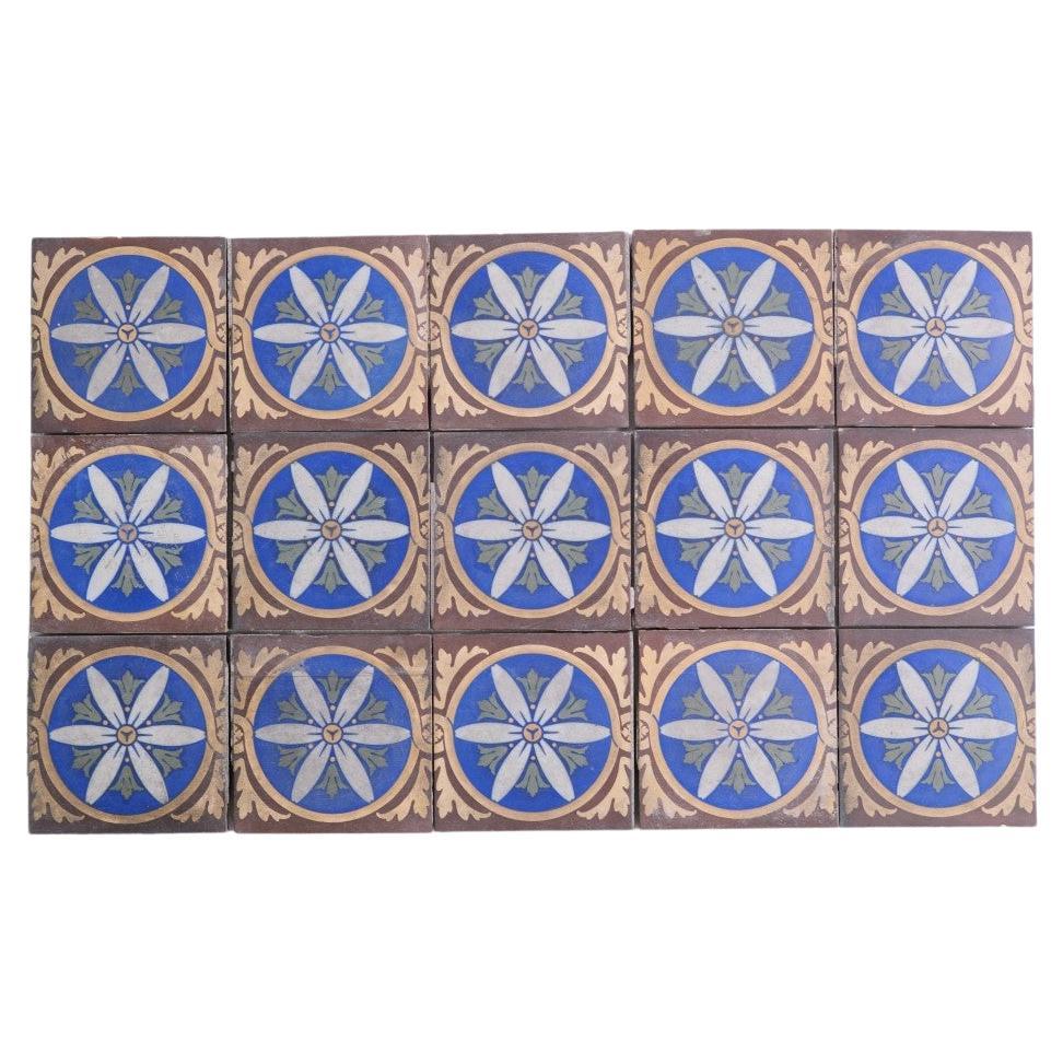 1920s Set of 15 Floral or Star Ceramic Encaustic Tiles at 1stDibs