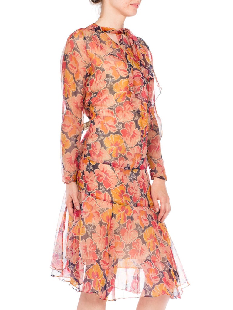 1920S Silk Chiffon Long Sleeve Tropical Floral Drop Waist Dress For ...