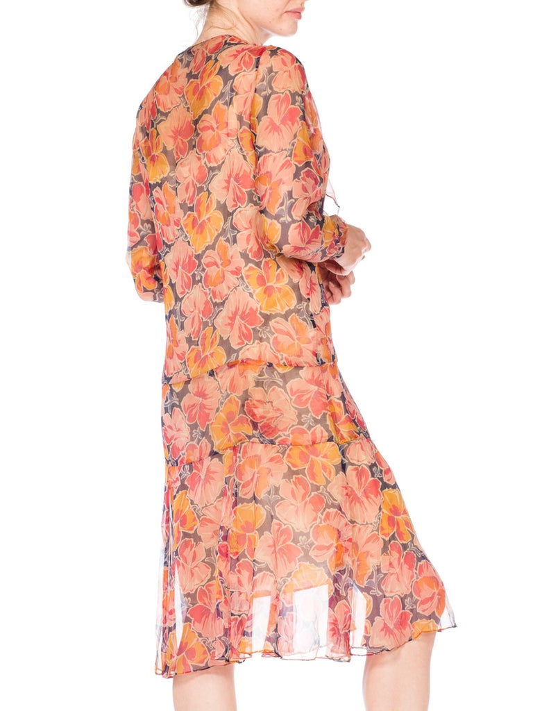 1920S Silk Chiffon Long Sleeve Tropical Floral Drop Waist Dress For ...