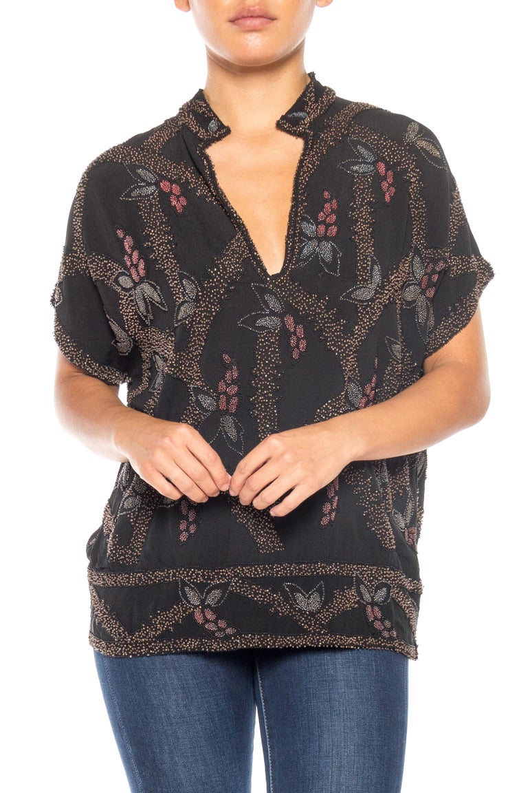 1920s Silk Crepe Heavily Beaded Tunic Top at 1stDibs