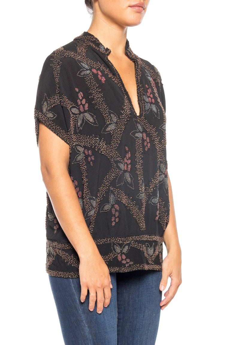 1920s Silk Crepe Heavily Beaded Tunic Top at 1stDibs