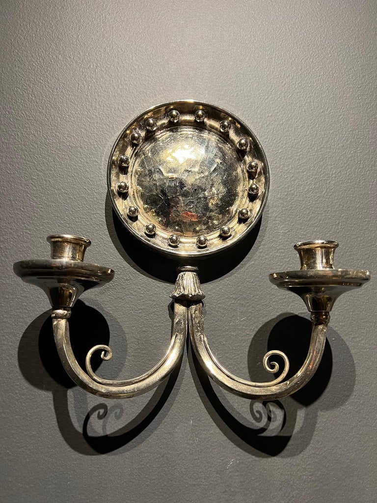 Pair of Silver Plated Sconces with Convex Mirrored, Circa 1920s For ...