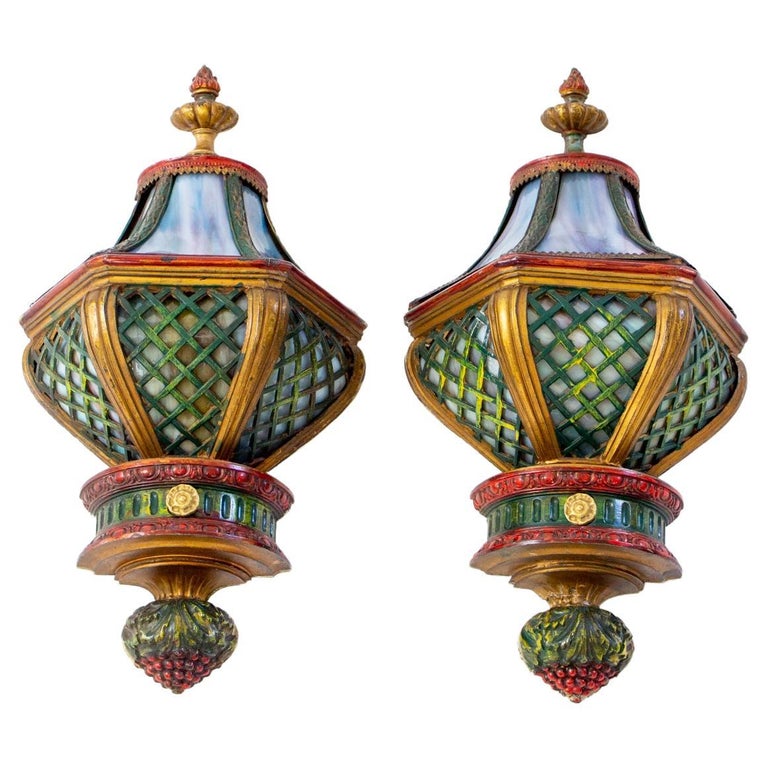 1920's Stained Glass and Polychrome Theatrical Sconces, a Pair For Sale ...