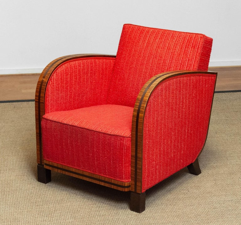 1920s Swedish Art Deco Club Lounge Chair Veneered Armrests and Red ...