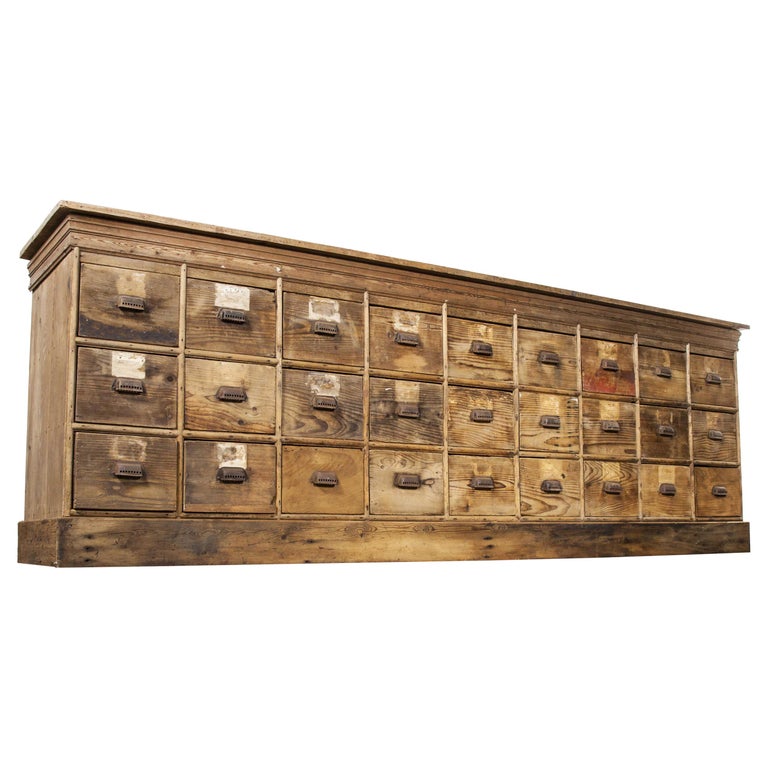 1920s Very Large Pine Hardware Shop Bank of Drawers, Twenty Seven ...