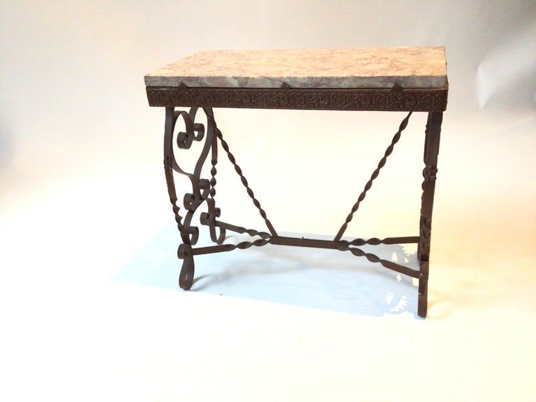 1920s Wrought Iron / Marble Top Side Table For Sale at 1stDibs