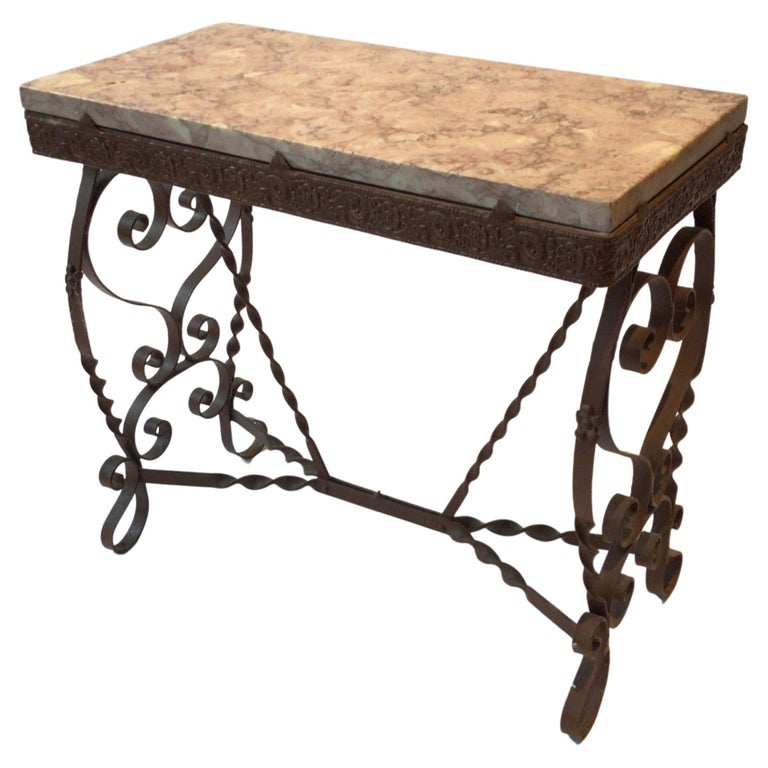 1920s Wrought Iron / Marble Top Side Table For Sale at 1stDibs