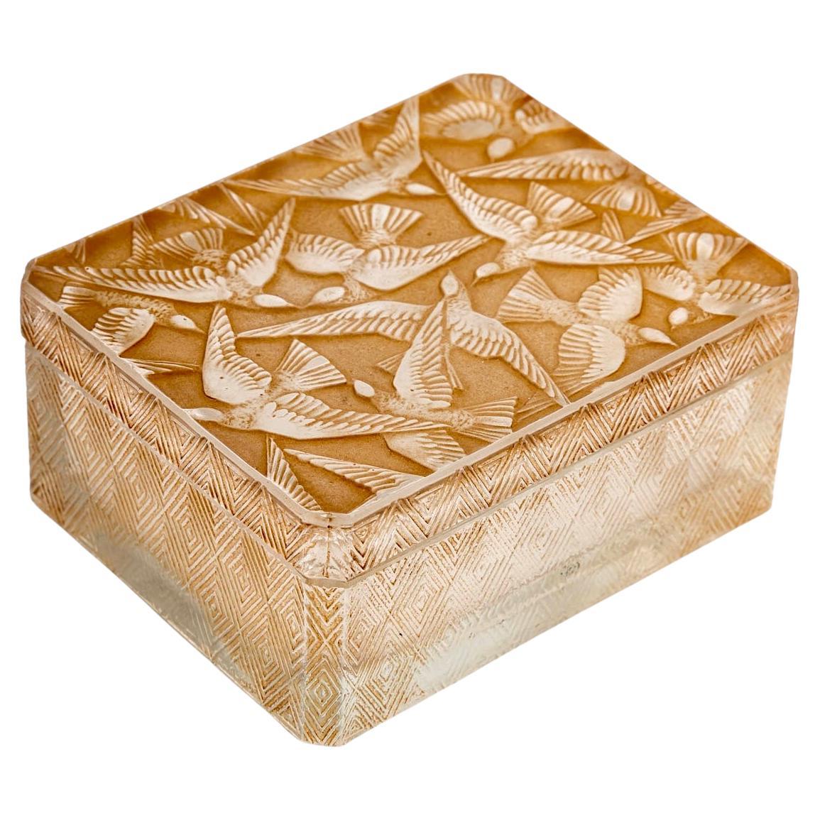 1923 René Lalique Box Jar Hirondelles Glass with Sepia Patina, Swallows ...