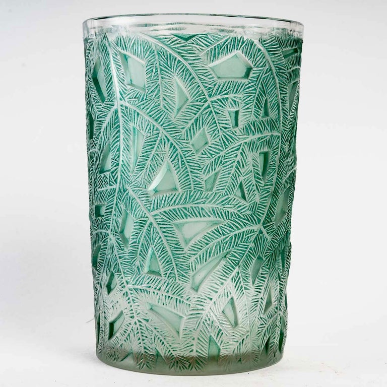 1923 René Lalique Epicea Vase in Frosted Glass with Green Patina ...
