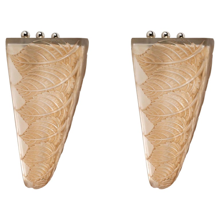 1924 René Lalique - Art Deco Noisetier Sconces Wall Lights Glass Sepia ...