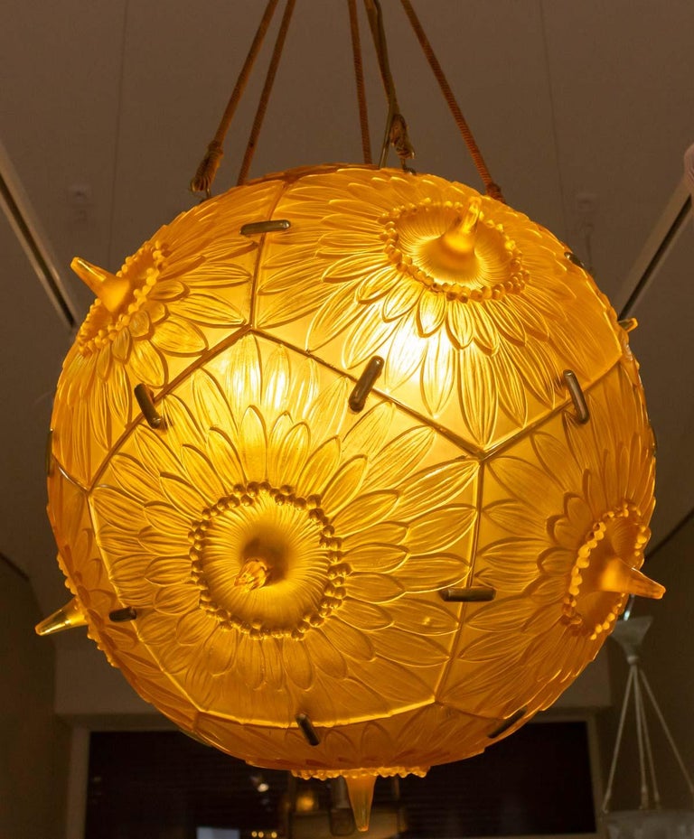 1924 René Lalique Complete Passiflore Chandelier Light Fixture Yellow ...
