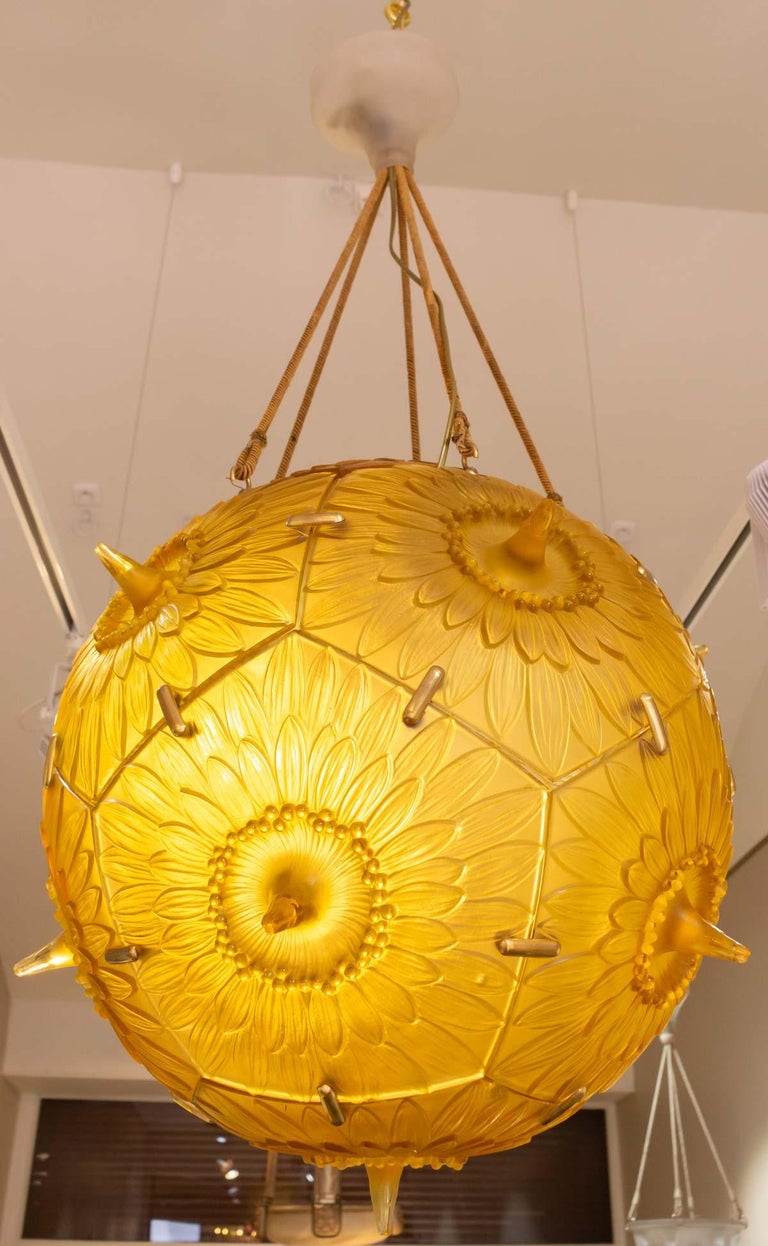 1924 René Lalique Complete Passiflore Chandelier Light Fixture Yellow ...