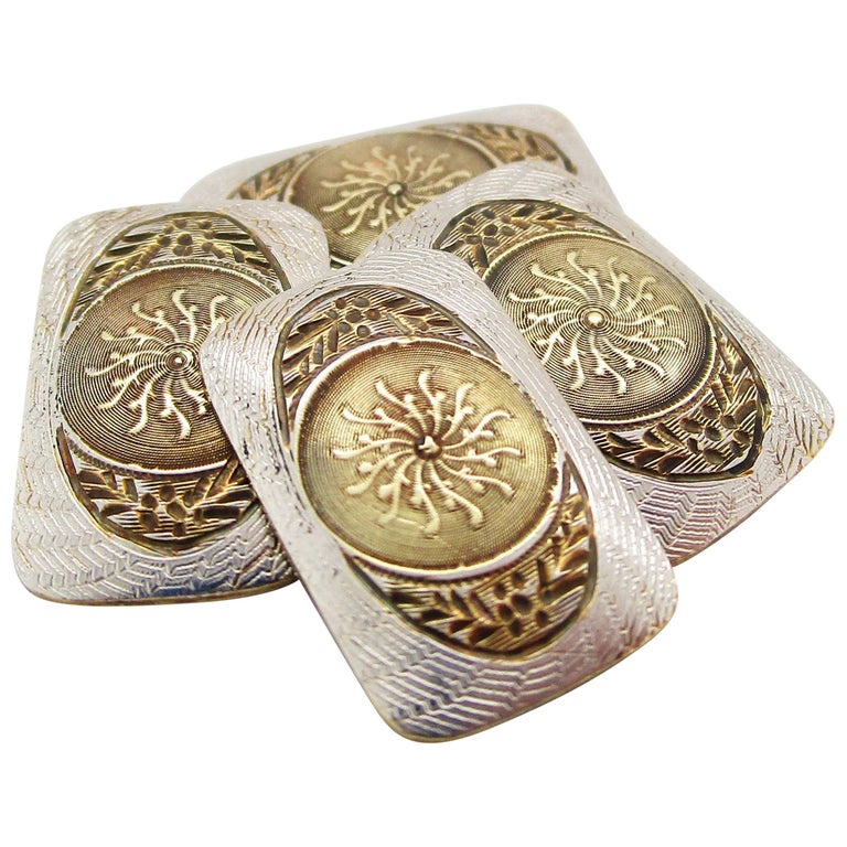 1925 Art Deco 14 Karat Yellow Gold Platinum Sun Emblem Cufflinks For ...